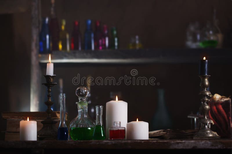 Magic Potion, Books and Candles Stock Photo - Image of pharmacy, book ...
