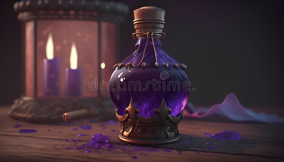 Magic Potion in a Bottle with a Crown and a Burning Candle. 3d ...