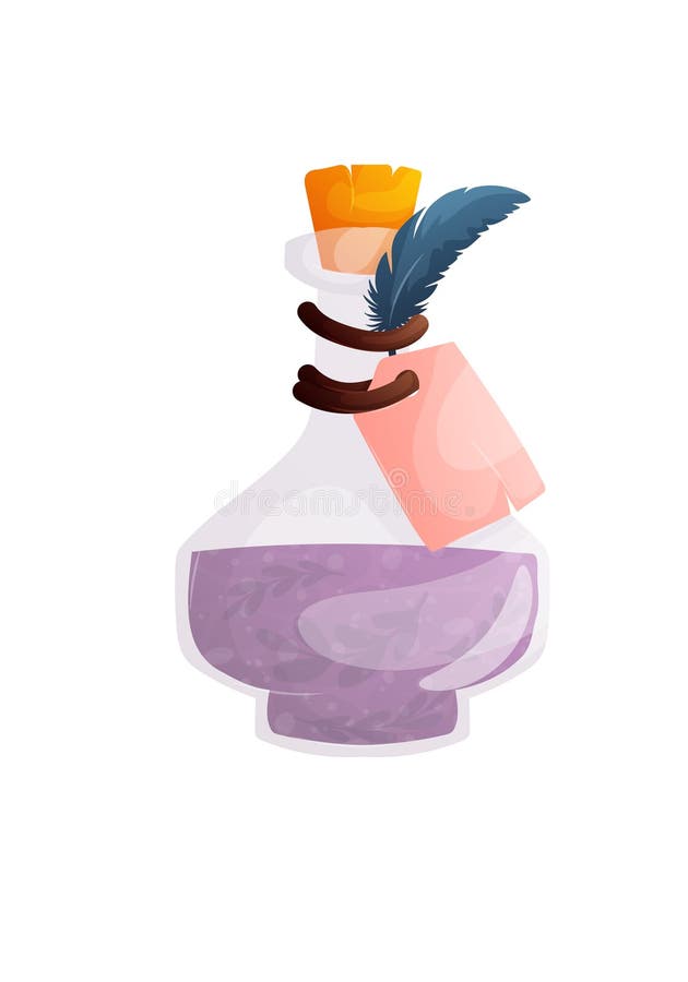 Magic Potion Bottle with Feather and Label, Vintage Style Illustration ...
