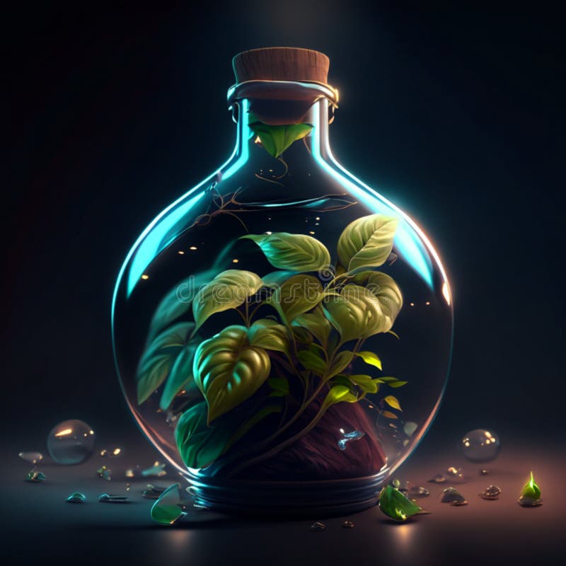 Magic Potion in a Bottle with Green Leaves. 3D Illustration Stock ...