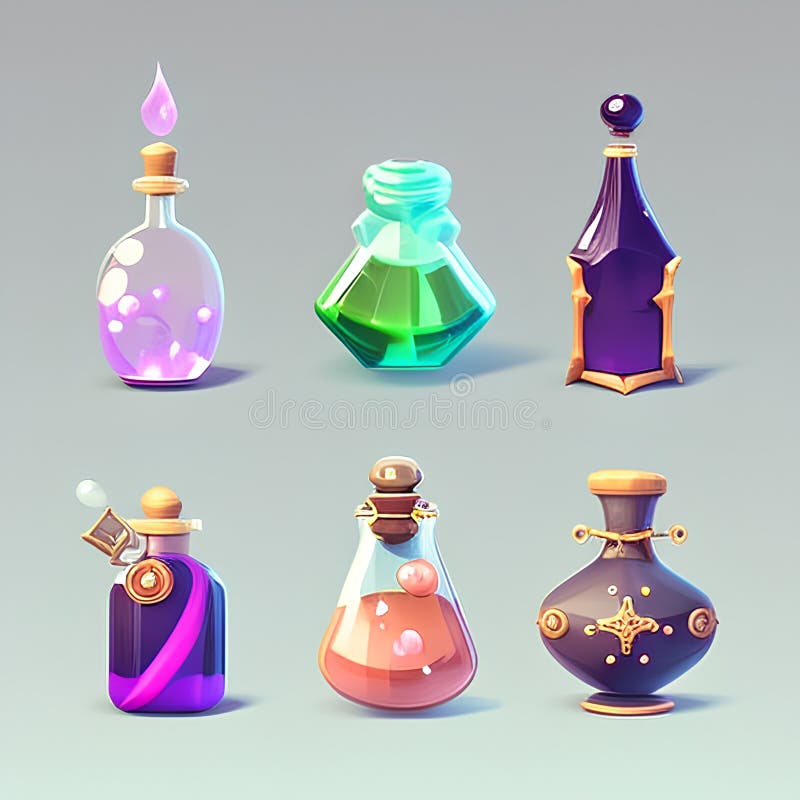 Magic Potion Bottles with Magic Elixir. 3d Vector Illustration Stock ...