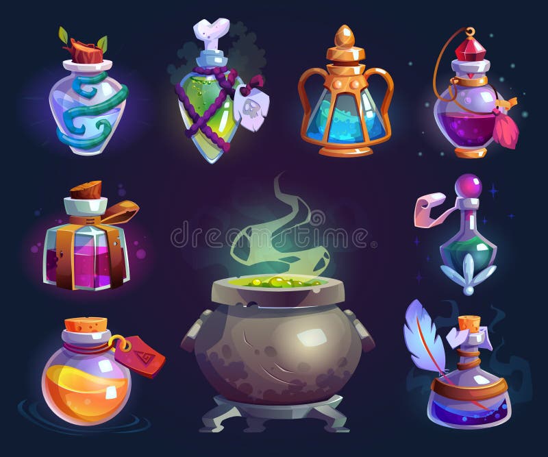 Magic Potion Bottles Set. Cartoon Boiling Cauldron Stock Vector ...
