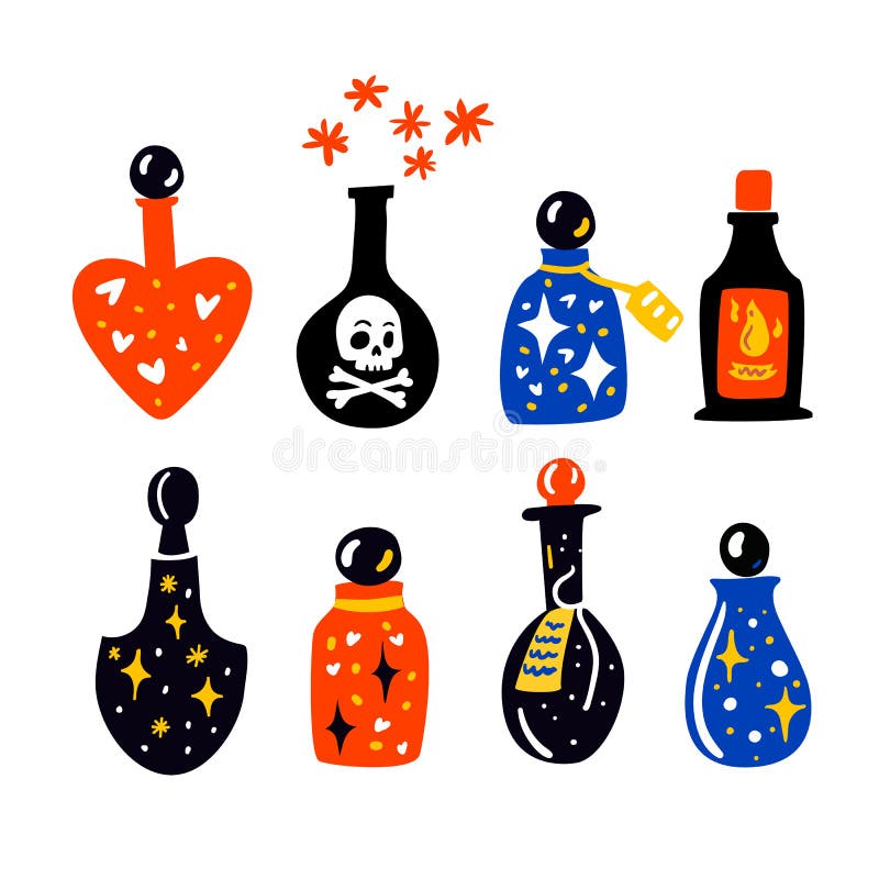 Magic Potion Bottles Set. Love Potion, Death Poison in Different ...