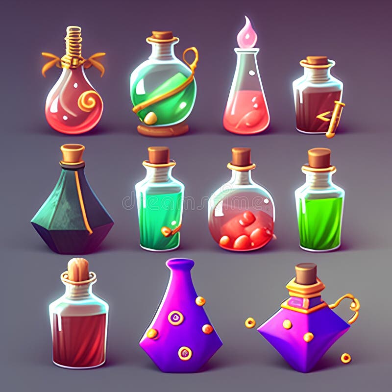 Magic Potion Bottles. Vector Illustration in Cartoon Style Isolated on ...