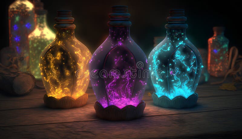 Magic Potion Bottles on Wooden Table. Halloween Concept Stock ...