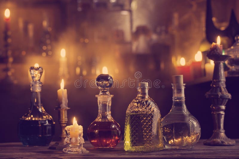 Magic Potions in Bottles on Wooden Background Stock Image - Image of ...