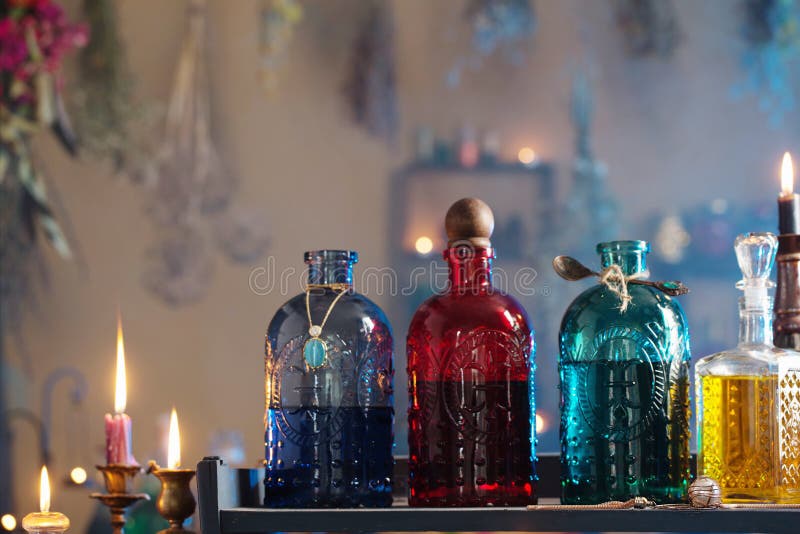 Magic Potions in Witch`s House with Candles at Night Stock Photo ...