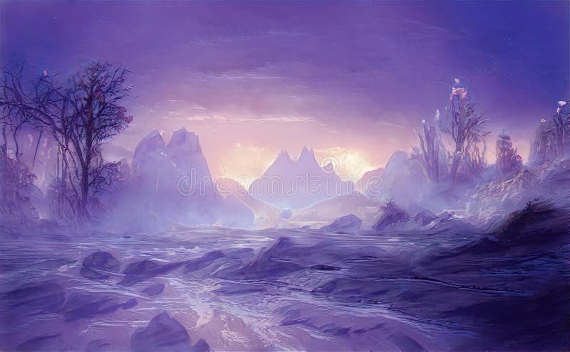 Magic Purple Fantasy Landscape with Mountain Range Stock Illustration ...