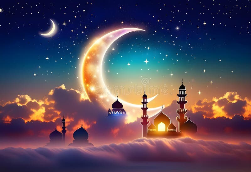 Magic Ramadan Cloudscape Sky with Crescent Moon Star and Evening Sun ...