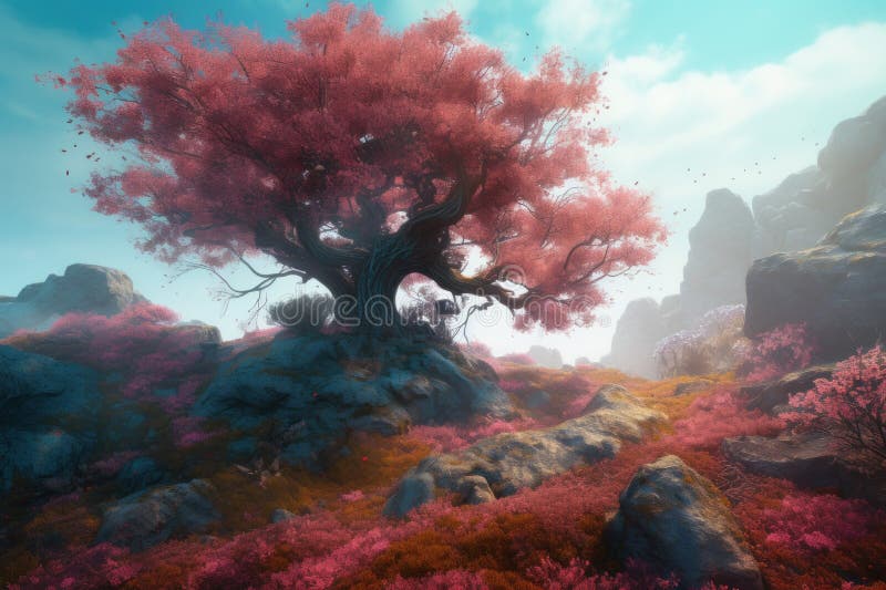 Magic Red Tree. Generate Ai Stock Illustration - Illustration of four ...