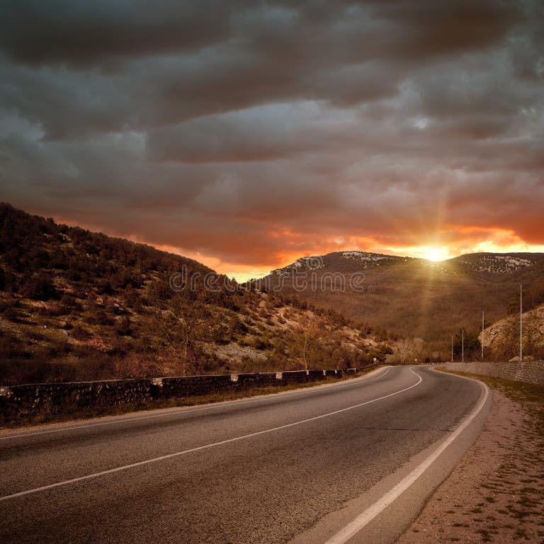 Magic Road without Cars and Sunset Stock Photo - Image of trip ...