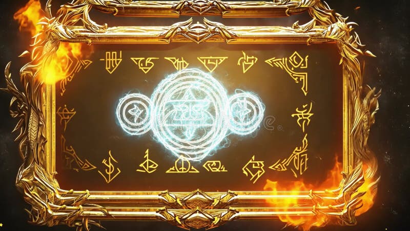 Golden Frame with Magic Spell and Runes Appearing in Fiery Background ...
