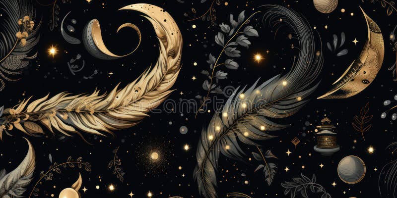 Magic Seamless Pattern with Feathers Birds Crystals, Golden and Black ...