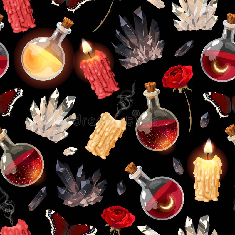 Magic Seamless Pattern with Glass Flask and Candle Stock Vector ...