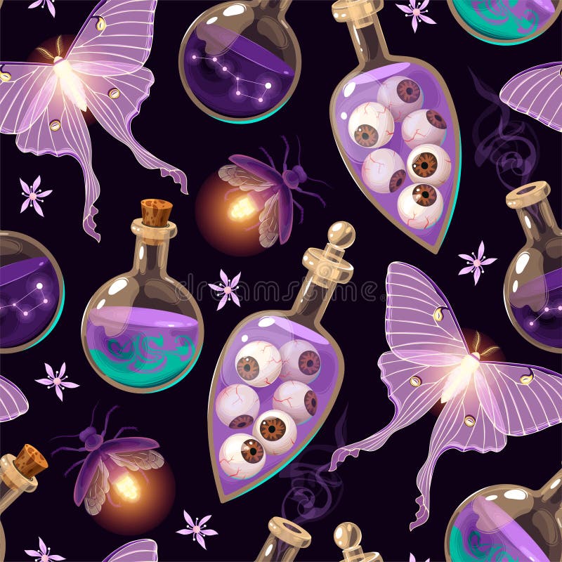 Magic Seamless Pattern with Magic Potion and Moths Stock Vector ...