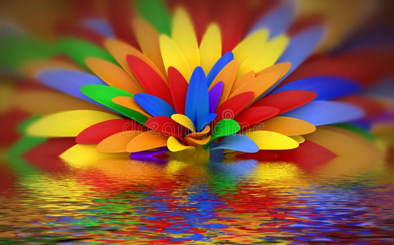 Magic Seven-color Flower Reflected in Water 3d Rendering Stock ...