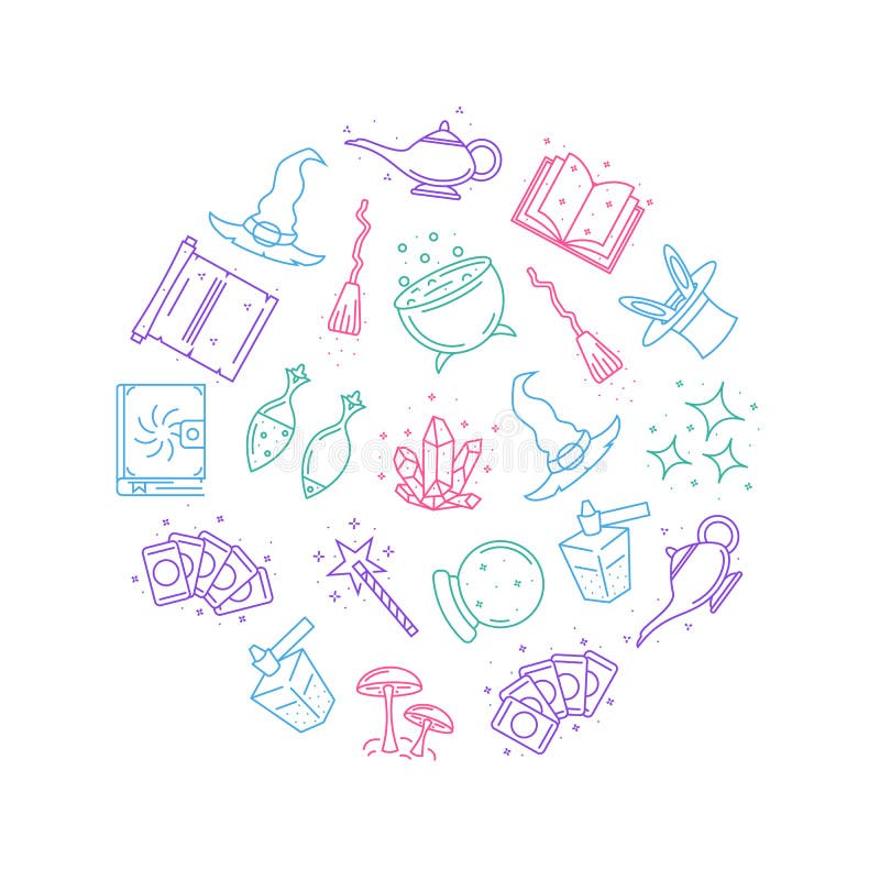 Magic Signs Thin Line Concept Round Design Template Banner. Vector ...