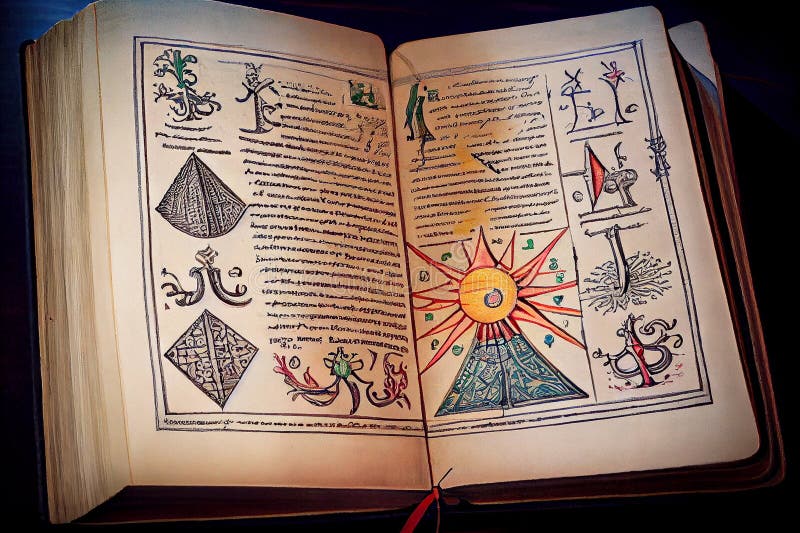 Magic Spells in Antique Book with Drawings and Annotations, Generative ...