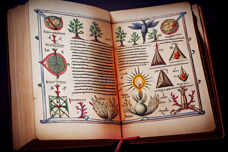 Magic Spells in Antique Book with Drawings and Annotations, Generative ...