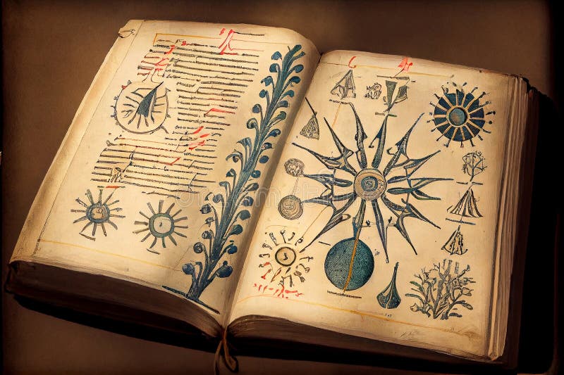 Magic Spells in Antique Book with Drawings and Annotations, Generative ...