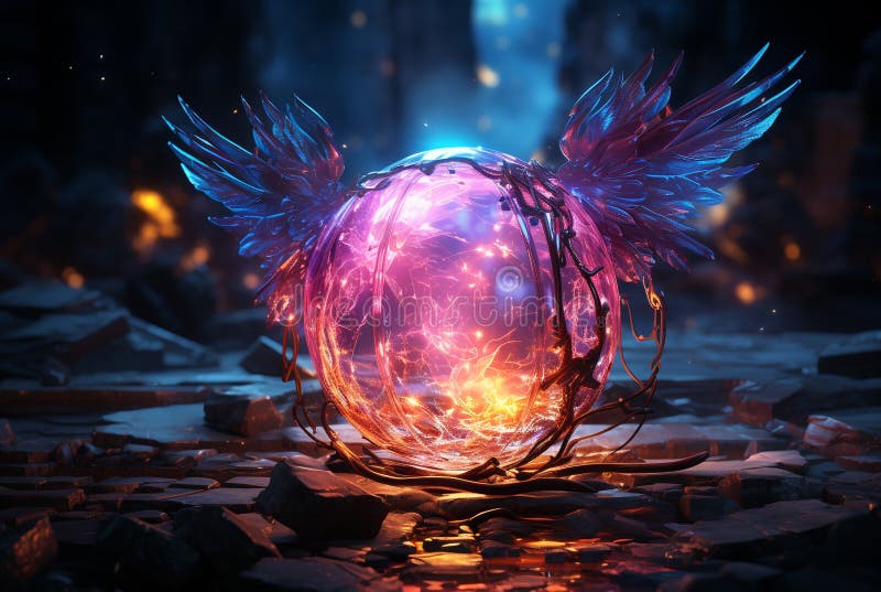 Magic Sphere, Neon Shiny Glowing Orb with Wings. Generative AI Stock ...