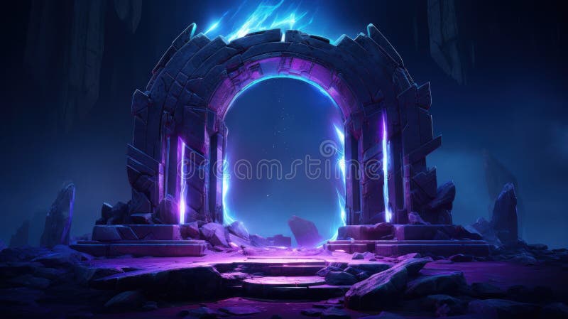 Magic Stone Gate with Neon Glowing Light Amidst Cosmic Landscape ... Magic Stone Gate with Neon Glowing Light Amidst Cosmic Landscape ...