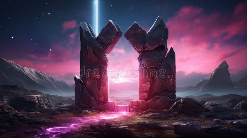 Magic Stone Gate with Neon Glowing Light Amidst Cosmic Landscape ... Magic Stone Gate with Neon Glowing Light Amidst Cosmic Landscape ...