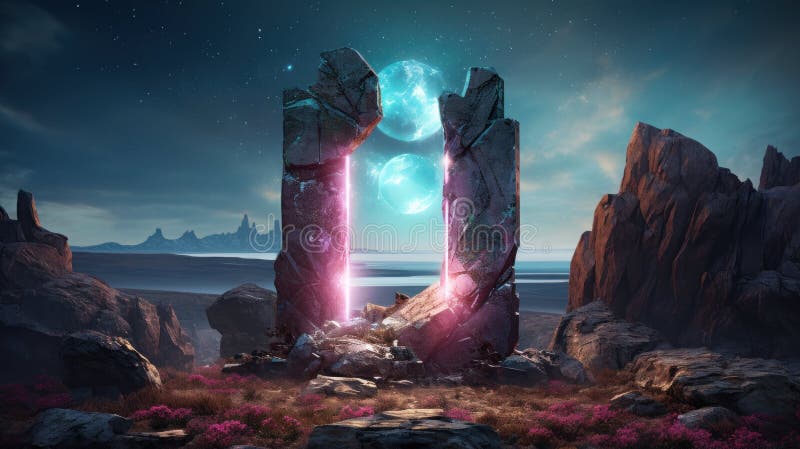 Magic Stone Gate with Neon Glowing Light Amidst Cosmic Landscape ... Magic Stone Gate with Neon Glowing Light Amidst Cosmic Landscape ...