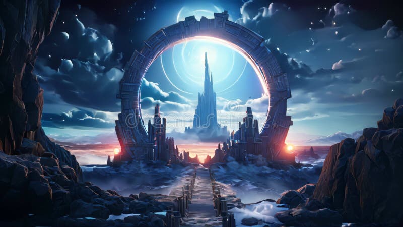 Magic Stone Gate with Neon Glowing Light Amidst Cosmic Landscape ... Magic Stone Gate with Neon Glowing Light Amidst Cosmic Landscape ...