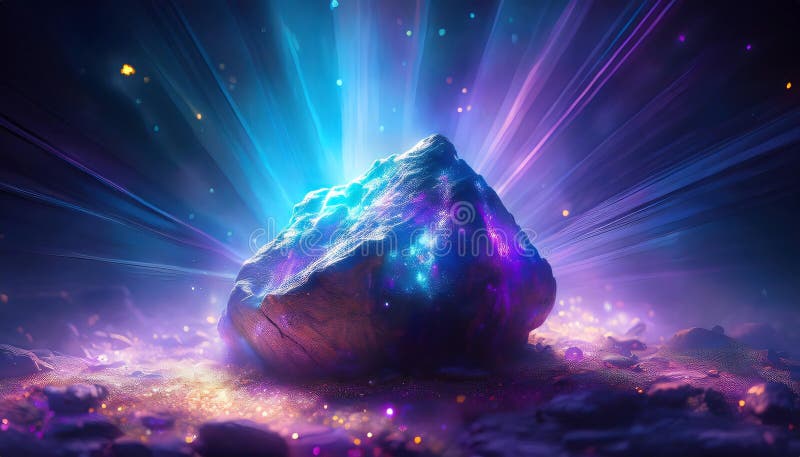 Magic Stone is Glowing with Blue and Purple Light on a Sparkling Sand ...