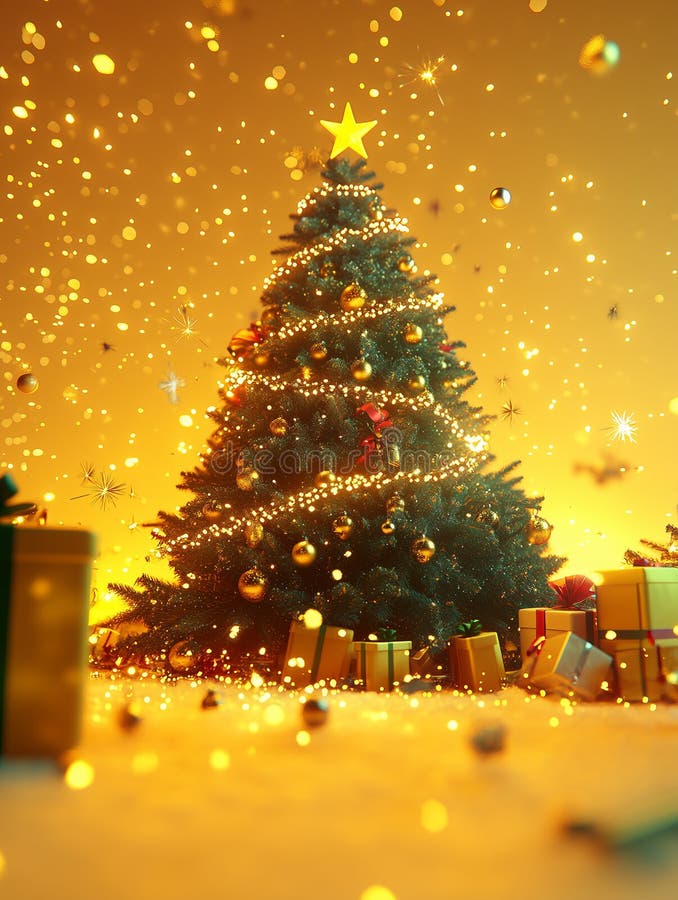 Magic Stunning Golden Christmas Tree Illuminated with Thousands of Tiny ...