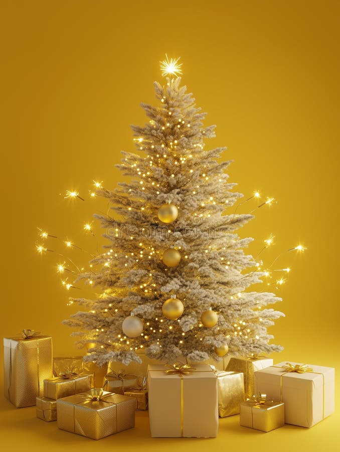 Magic Stunning Golden Christmas Tree Illuminated with Thousands of Tiny ...