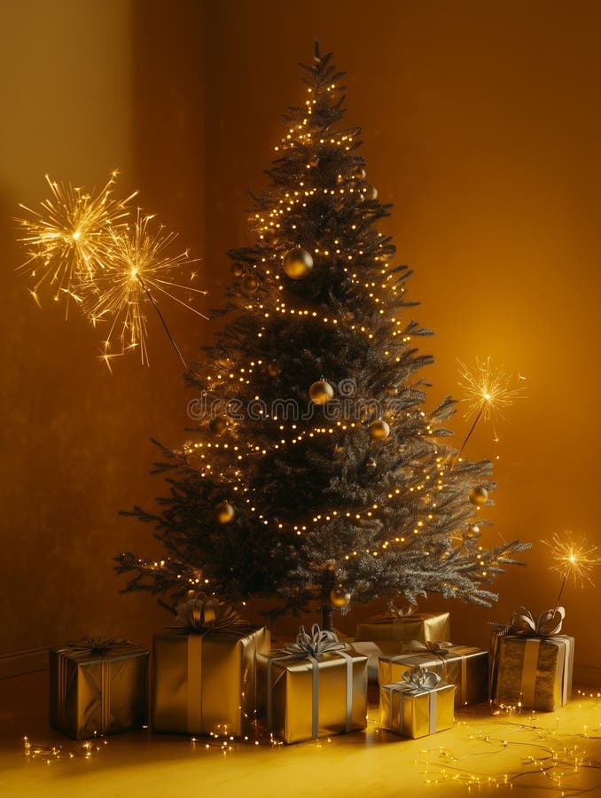 Magic Stunning Golden Christmas Tree Illuminated with Thousands of Tiny ...