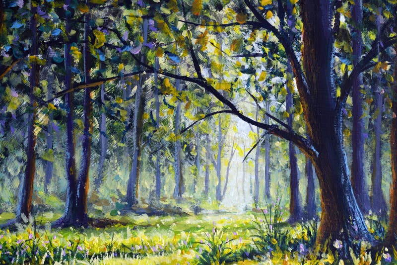 Magic Sun Forest Acrylic Painting Stock Photo - Image of bright, wood ...