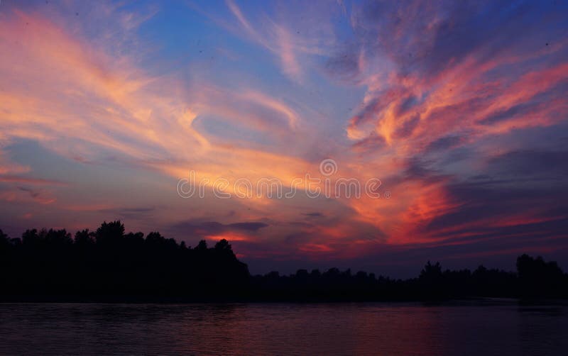 Magic Sunset with Colourful Clouds and Moon. Stock Image - Image of ...