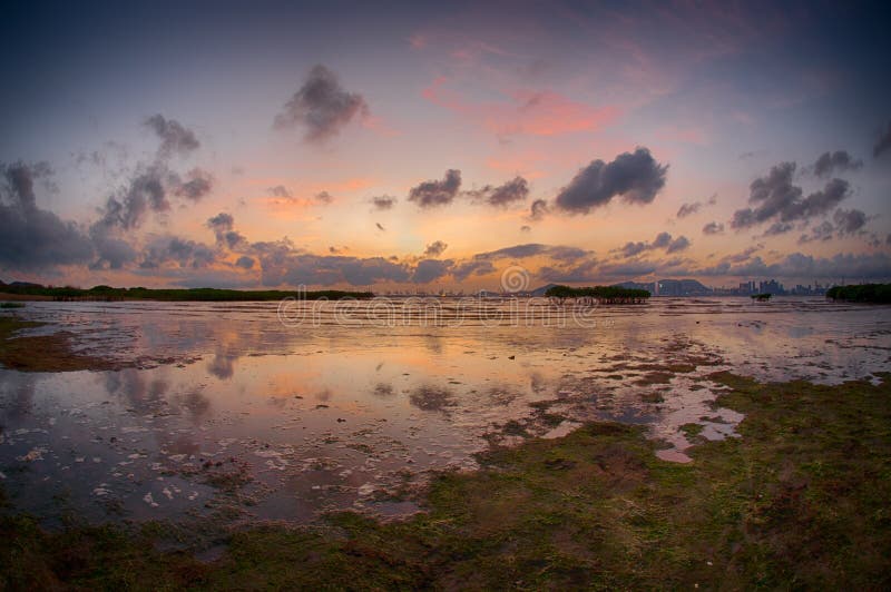 Magic Sunset in River and Mudland Stock Image - Image of cheung, color ...