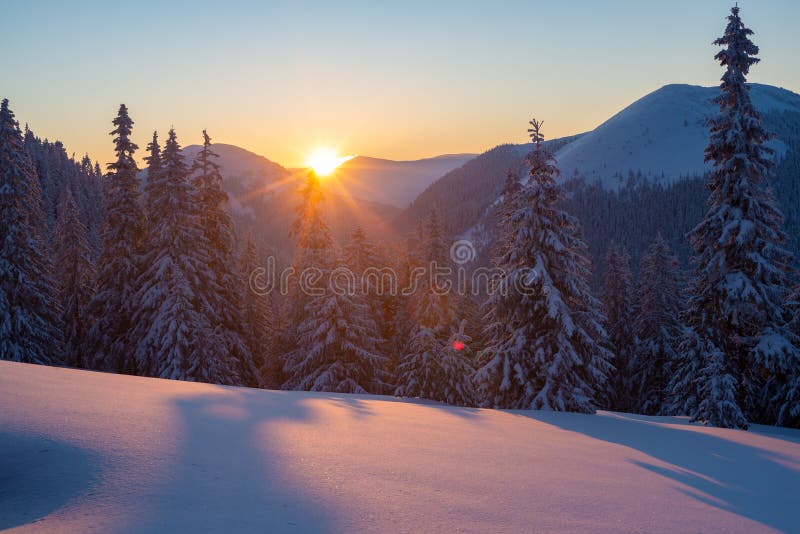 Magic Sunset in the Winter Mountains after Snowfall Stock Image - Image ...