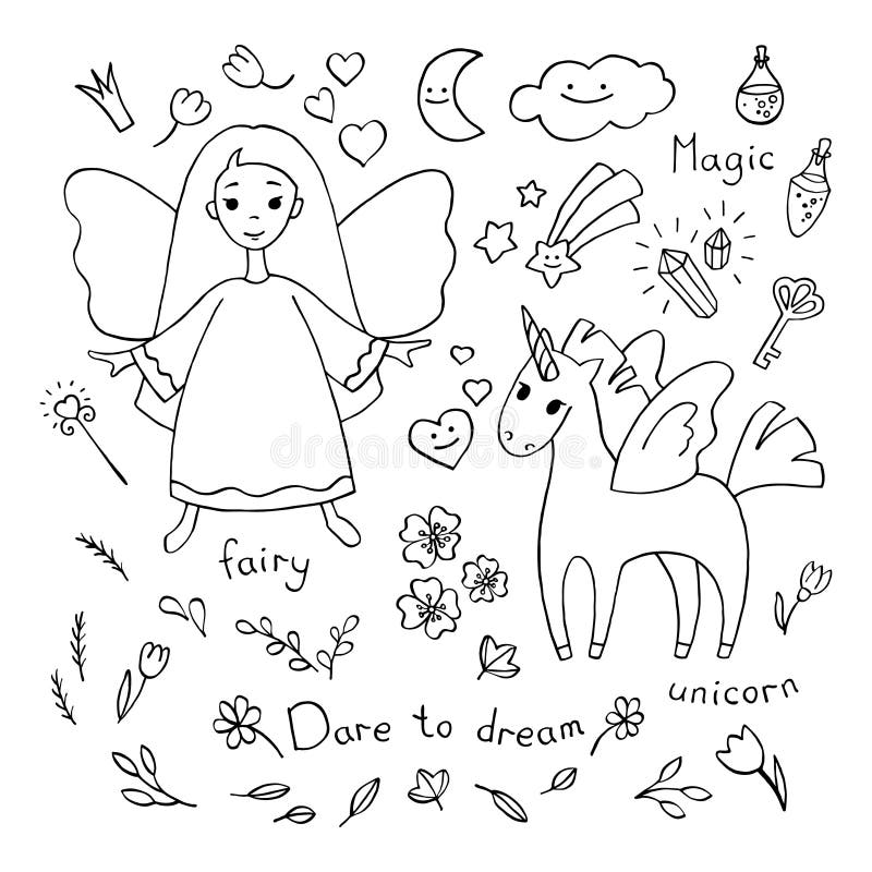 Magic Theme Doodle Set. Various Fairytale Characters and Stuff. Stock ...