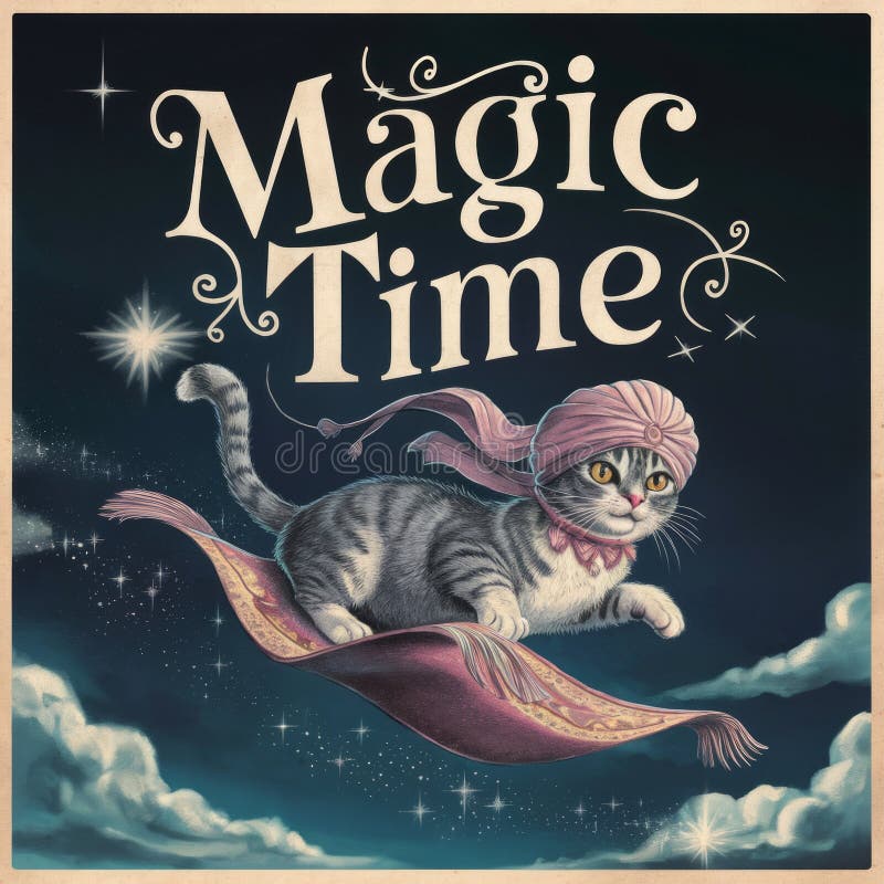 Magic Time: Enchanted Cat on a Flying Carpet Under Starry Sky Stock Image - Image of stars, tale ...