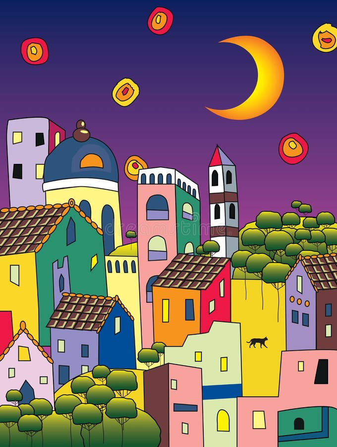 Magic town at night stock vector. Illustration of drawing - 50464596
