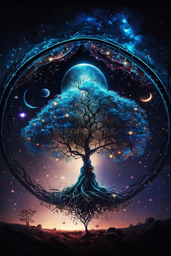 Magic Tree on Background Night Sky Stock Illustration - Illustration of ...