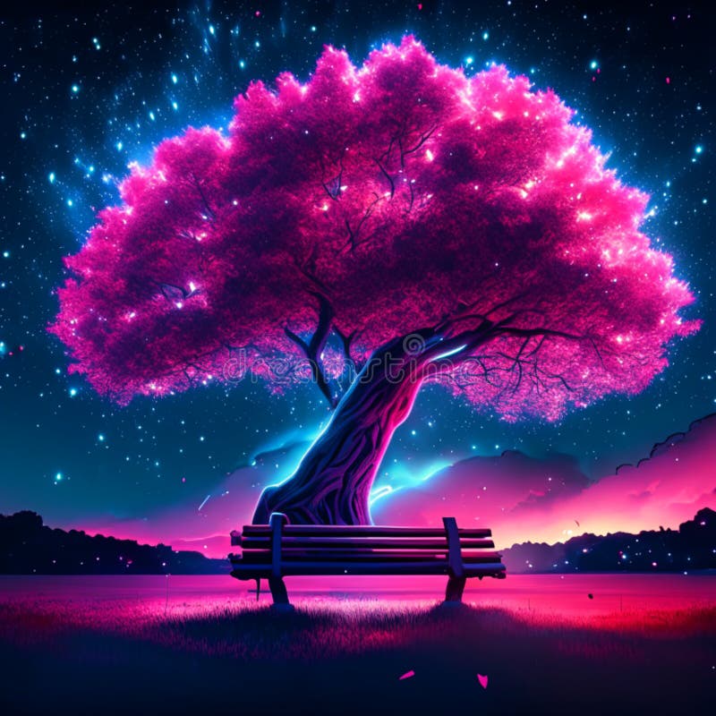 Magic Tree and Bench on the Background of the Night Sky. Vector ...