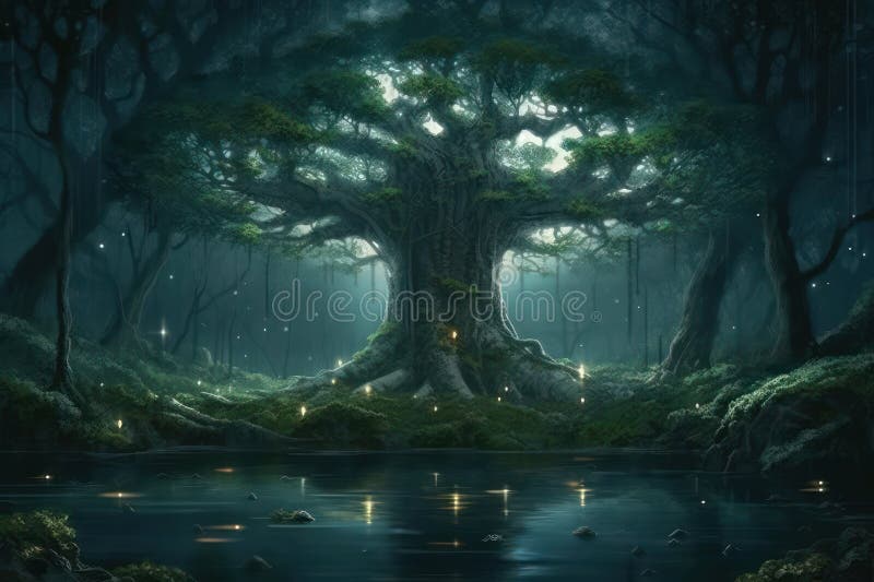 Magic Tree in Enchanted Forest. Generative AI Stock Illustration ...