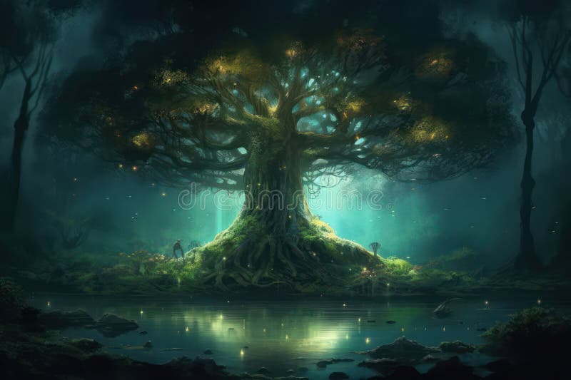 Magic Tree in Enchanted Forest. Generative AI Stock Illustration ...