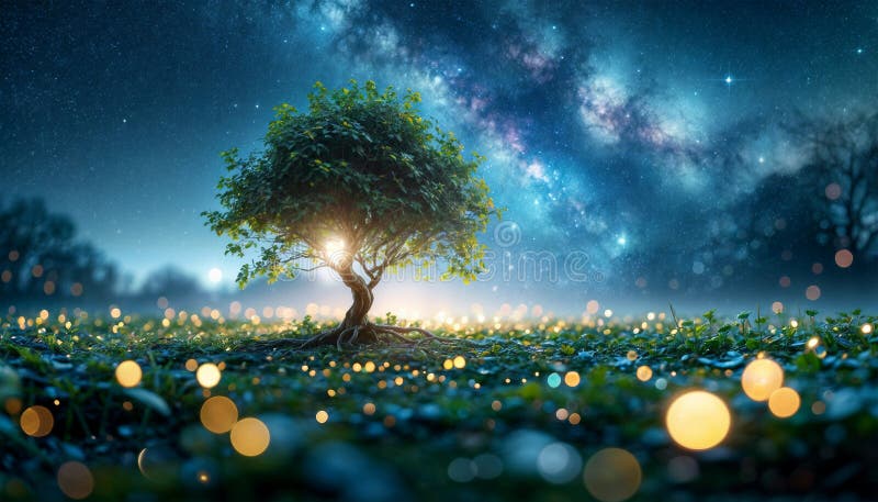 Magic Tree. Fairytale Tree Illuminated by Night Magic Glow Stock ...