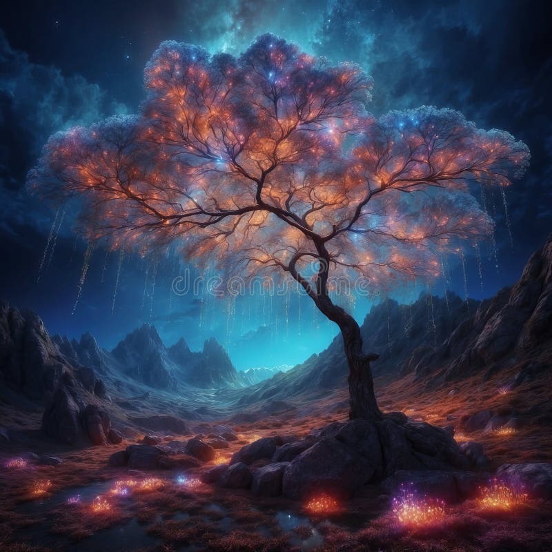 Magic Tree in the Light of the Stars Stock Illustration - Illustration ...