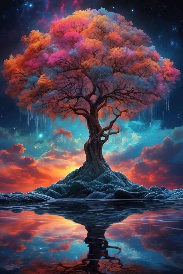 Magic Tree in the Light of the Stars Stock Illustration - Illustration ...