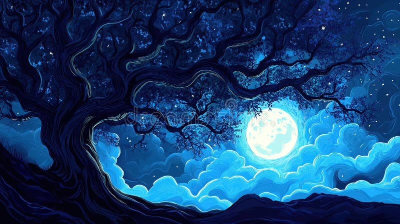 Magic Tree in the Night Forest. Abstract Vertical Drawing Stock Photo ...