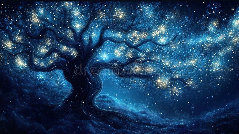 Magic Tree in the Night Forest. Abstract Vertical Drawing Stock Image ...
