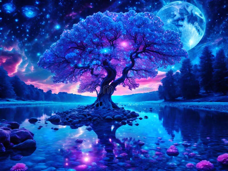 Magic Tree at Night, Reflection in the Lake, Generative Ai Stock ...